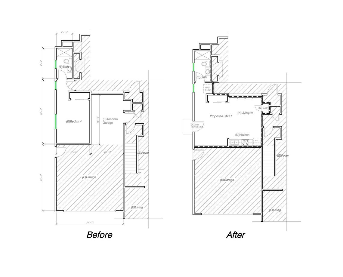 Studio W/ 1 Bath (406sf)tandem Garage Conversion to JADU or ADU Floor ...