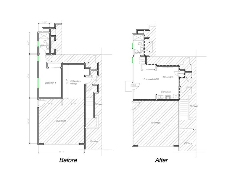 Studio W/ 1 Bath (406sf)tandem Garage Conversion to JADU or ADU Floor ...