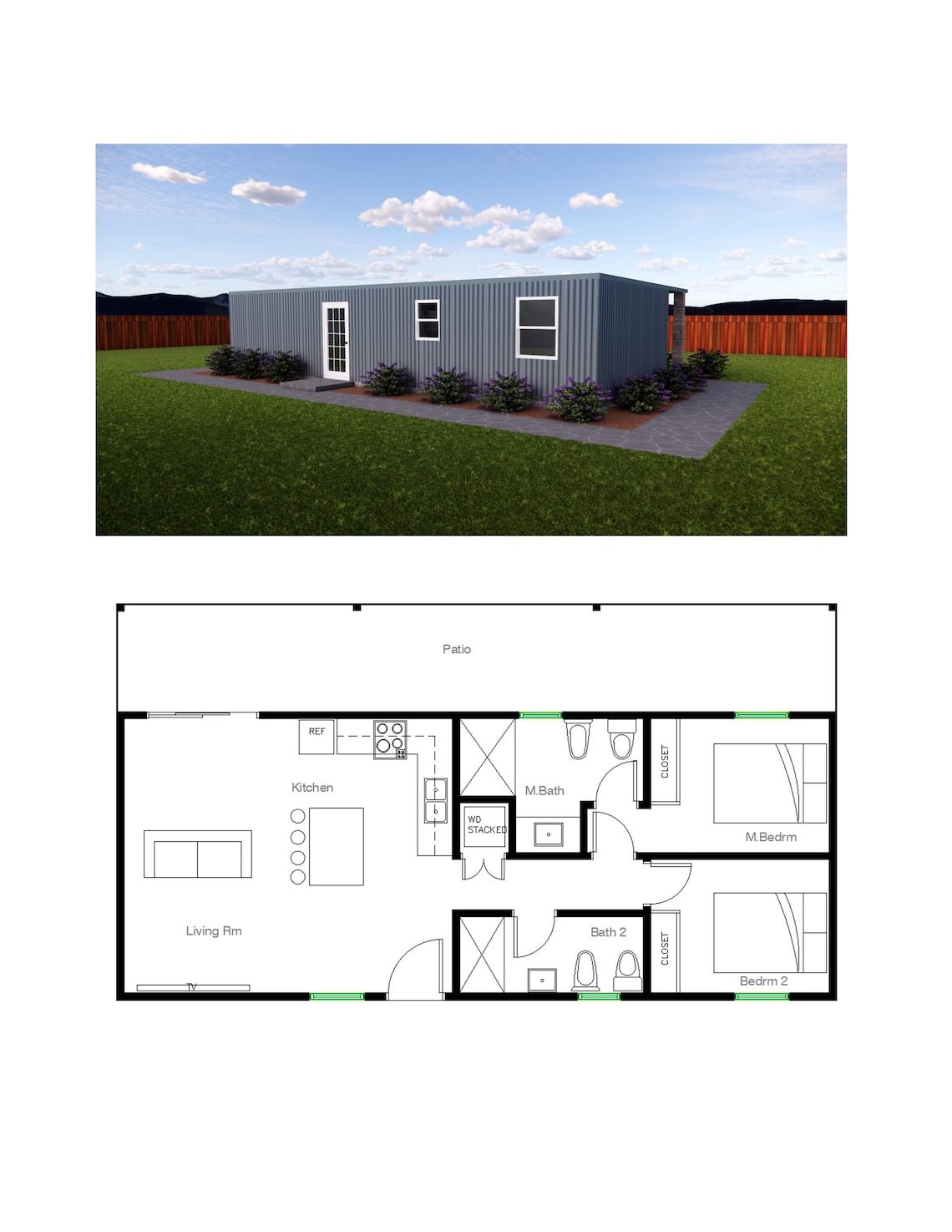 Shipping Container Floor Plan 2 Bedroom W/ 2 Bath (639SF) Floor Plan ...