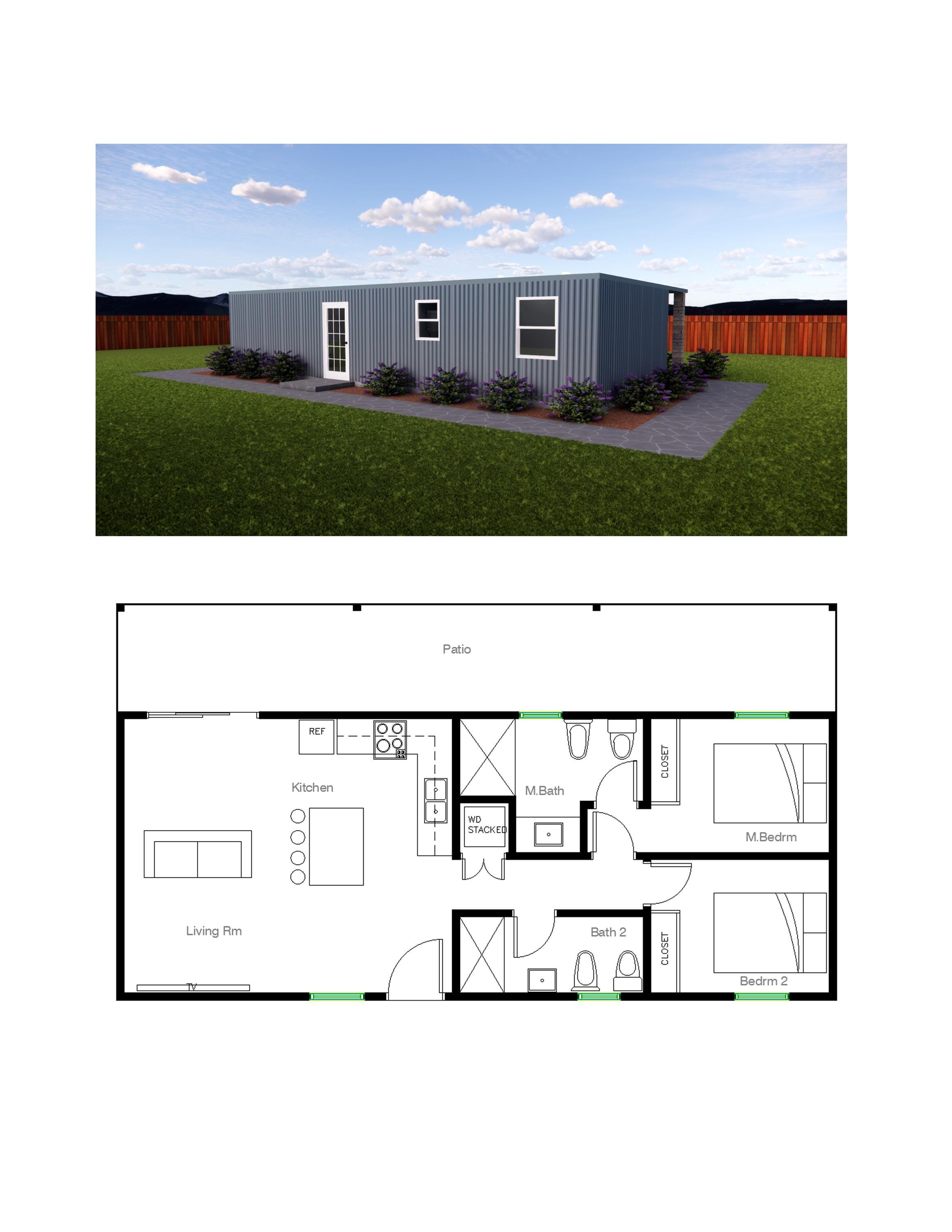 Shipping Container Floor Plan 2 Bedroom W/ 2 Bath (639SF) Floor Plan ...