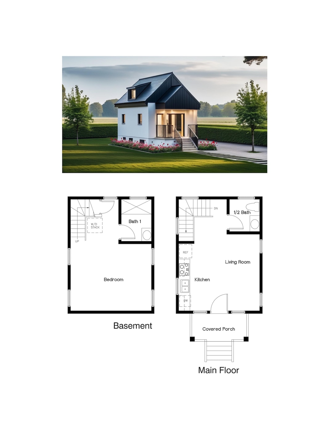 1 Bedroom 1 1/2 Bath (616SF) Floor Plan W/ Basement Adu/small House ...