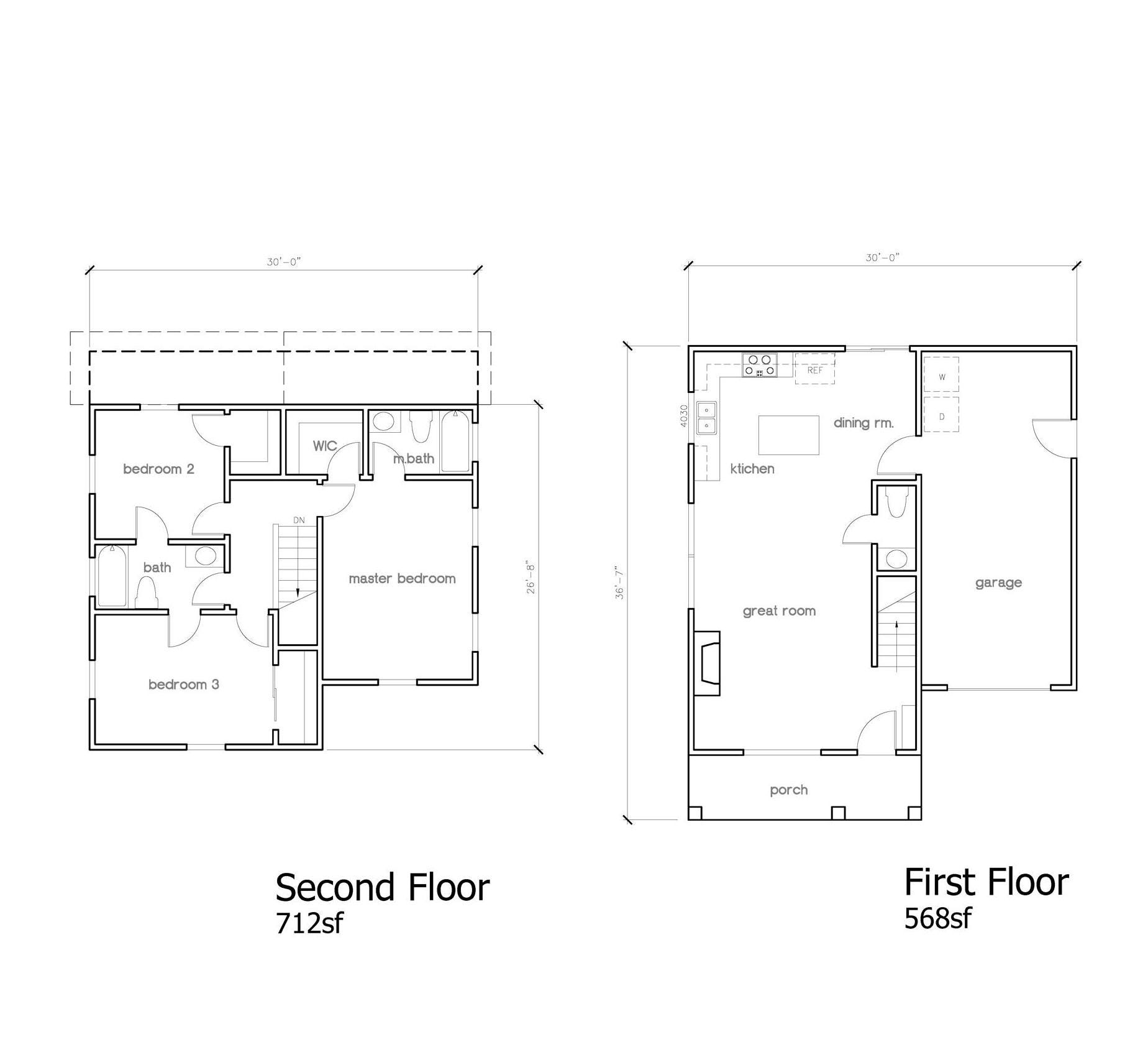 3 Bedroom 2 Bath 2-story Floor Plan House Plan 1280sq.ft. Compact Floor ...