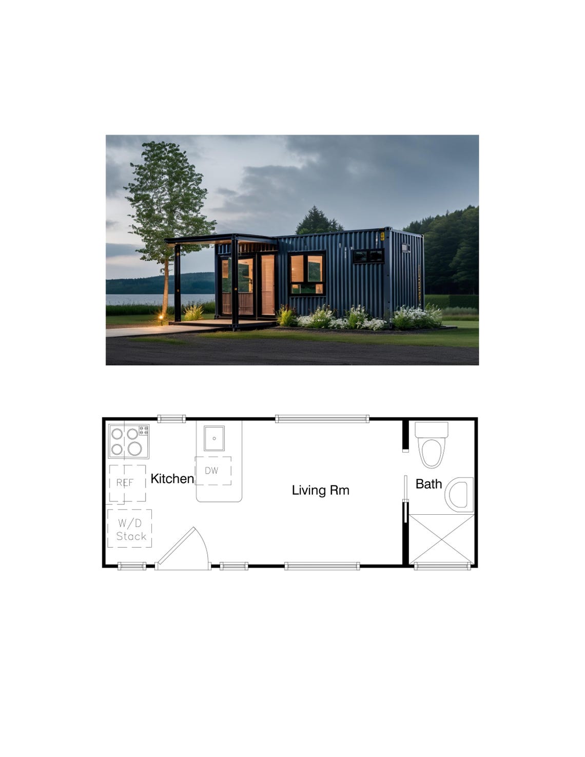 Shipping Container Floor Plan Studio W/ 1 Bath (160SF) Floor Plan ADU ...