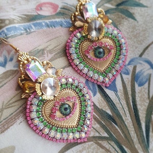 Handmade Pink and Blue All Seeing Eye and Sacred Heart Earring With ...