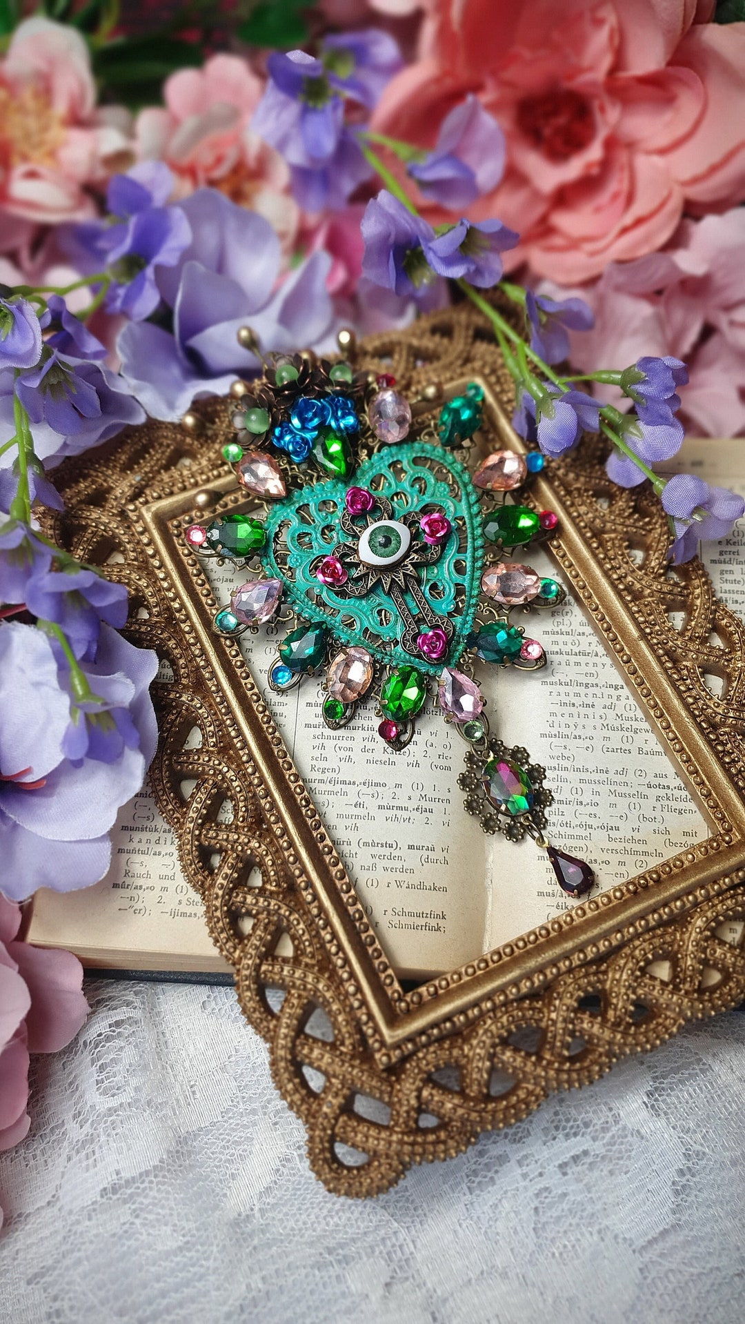 Handmade Sacred Heart Holy Eye Cross Florals and Foliage Mixed Media ...