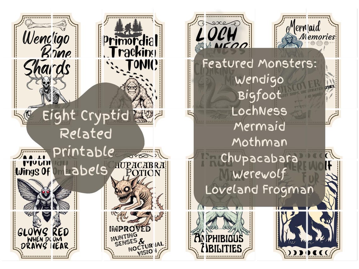 Printable Potion Labels. Digital Cryptid Halloween Apothecary Labels - Etsy
