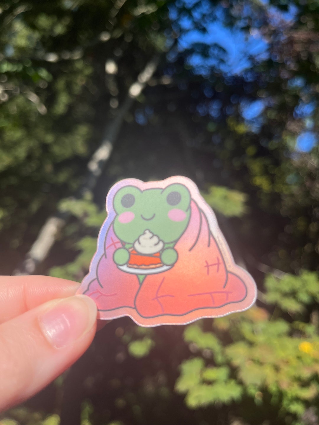 Cute Frog Sticker, Holographic Die Cut Vinyl, Froggy in Blanket Eating ...