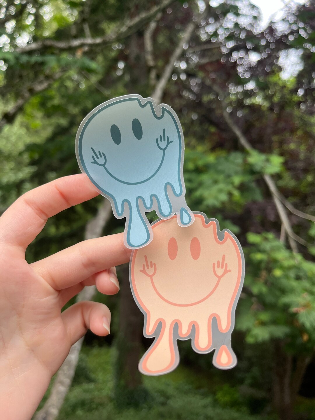 Dripping Smiley Face Sticker, Middle Finger Happy Face Vinyl, Ironic ...