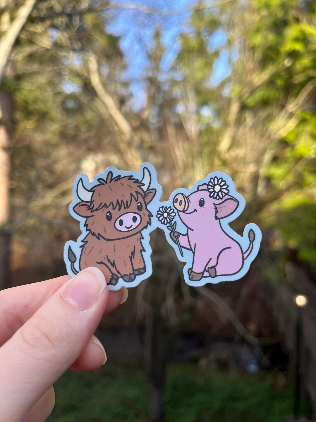 Pig and Cow Sticker Cute, Holographic Die Cut Vinyl, Happy Farm Friends ...