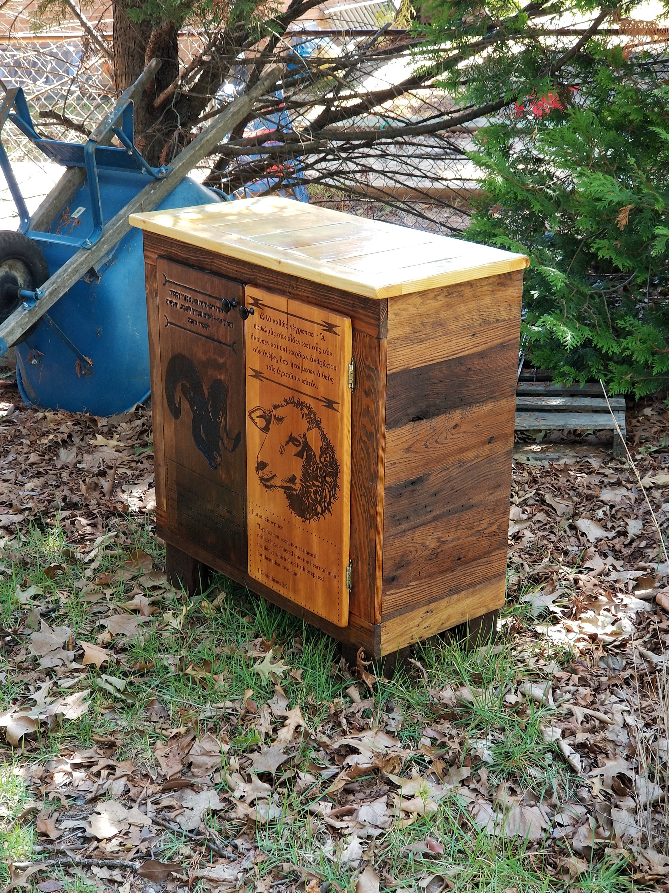 Stand Alone Pantry Storage Cabinet Rustic Barnwood Laser Engraved Bible ...