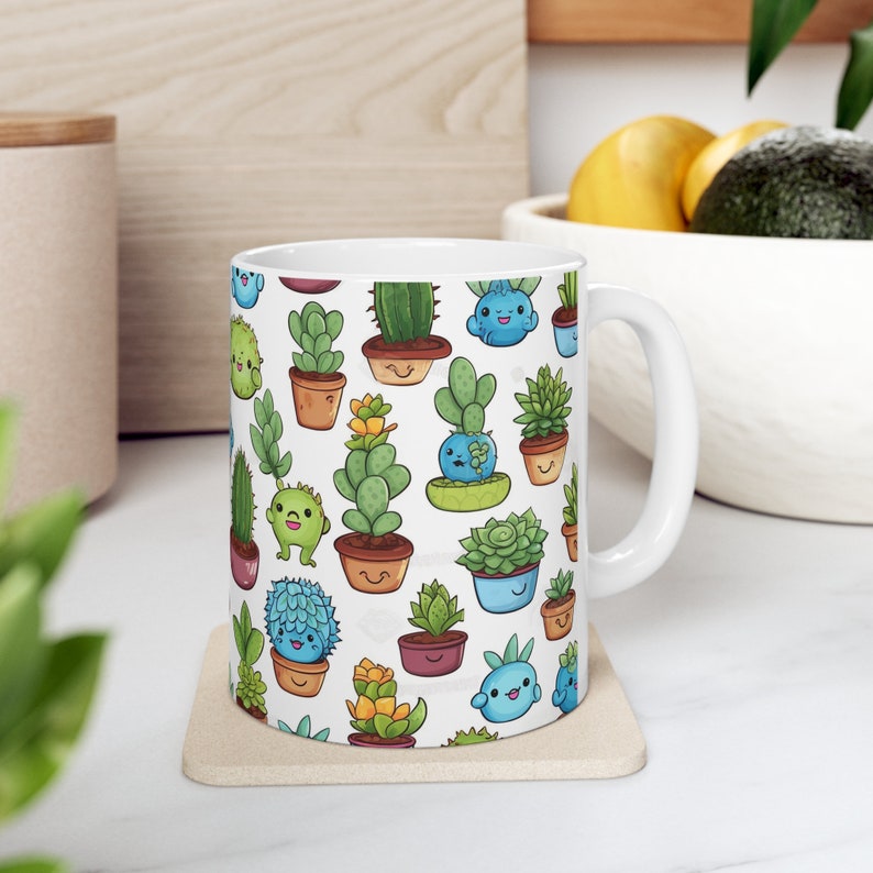 Cute Succulent Coffee Mug Blue and Green Cactus Mug Smiling Succulents ...