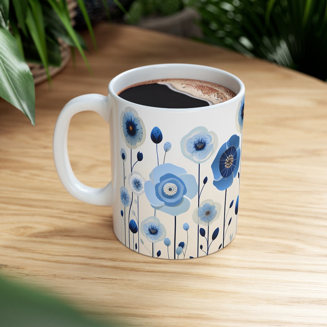 Boho Blue Floral Coffee Mug, Vintage Flowers Tea Cup, Cute Flowers ...