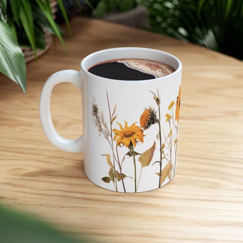 Boho Coffee Mug Pressed Sunflowers Warm Colors Flowers Mug Floral ...