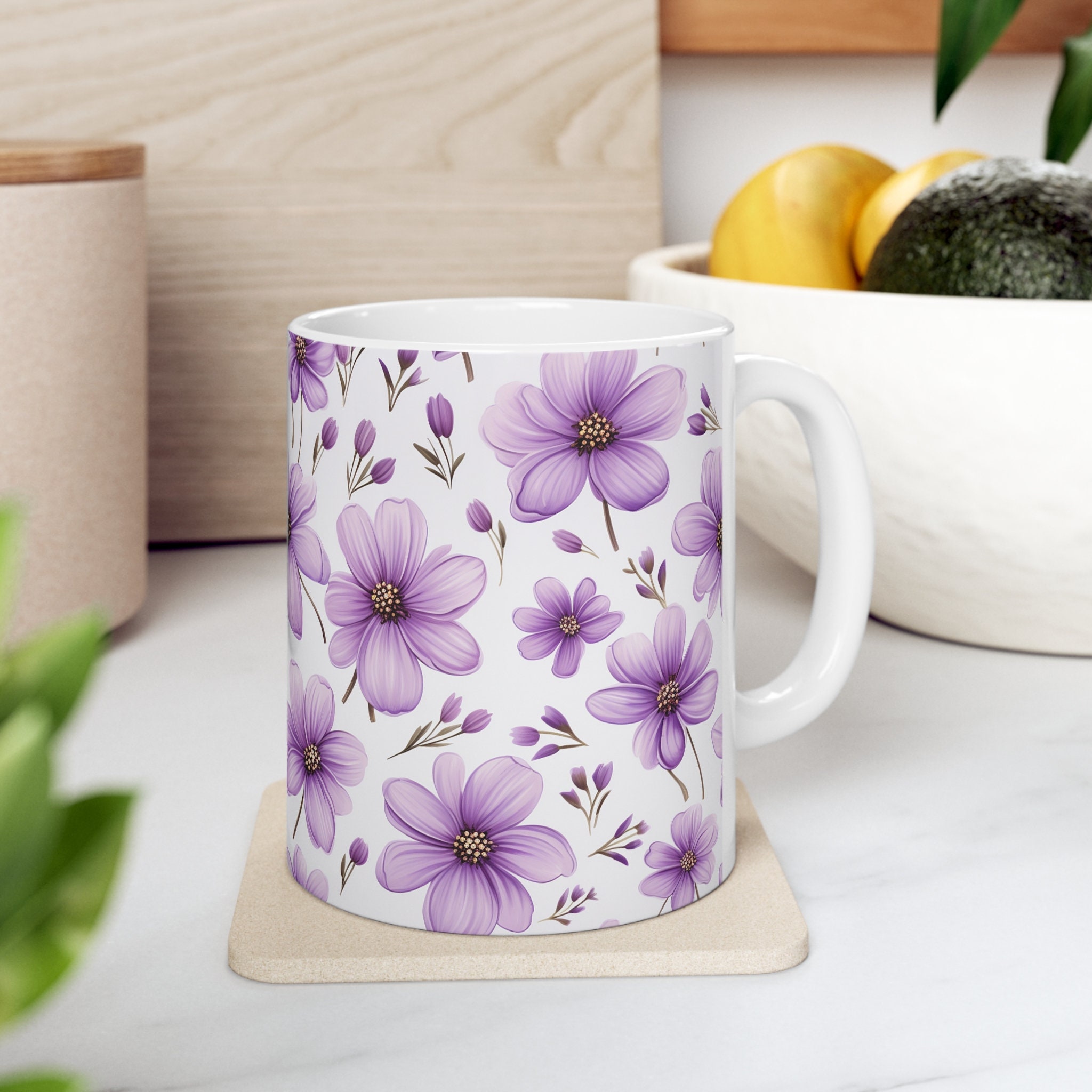 Boho Purple Floral Coffee Mug, Vintage Lavender Flowers Tea Cup, Cute ...