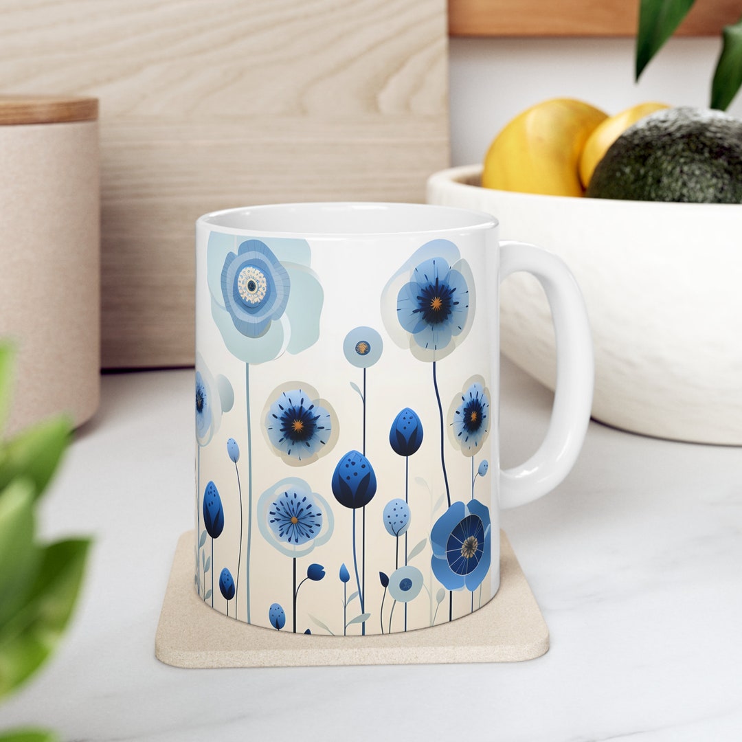 Boho Blue Floral Coffee Mug, Vintage Flowers Tea Cup, Cute Flowers ...