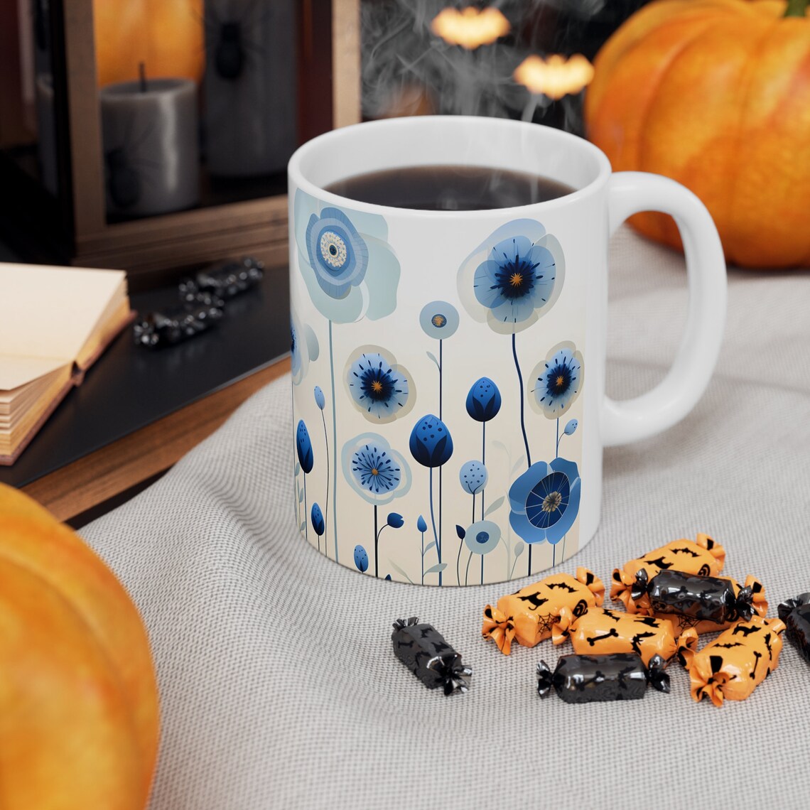 Boho Blue Floral Coffee Mug, Vintage Flowers Tea Cup, Cute Flowers ...
