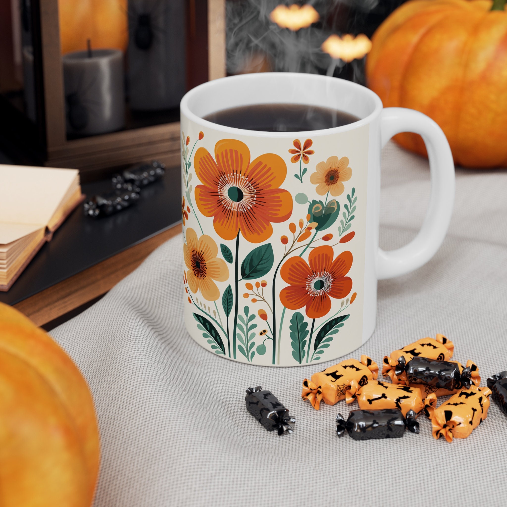 Boho Orange Yellow Red Floral Coffee Mug, Vintage Flowers Tea Cup, Cute ...