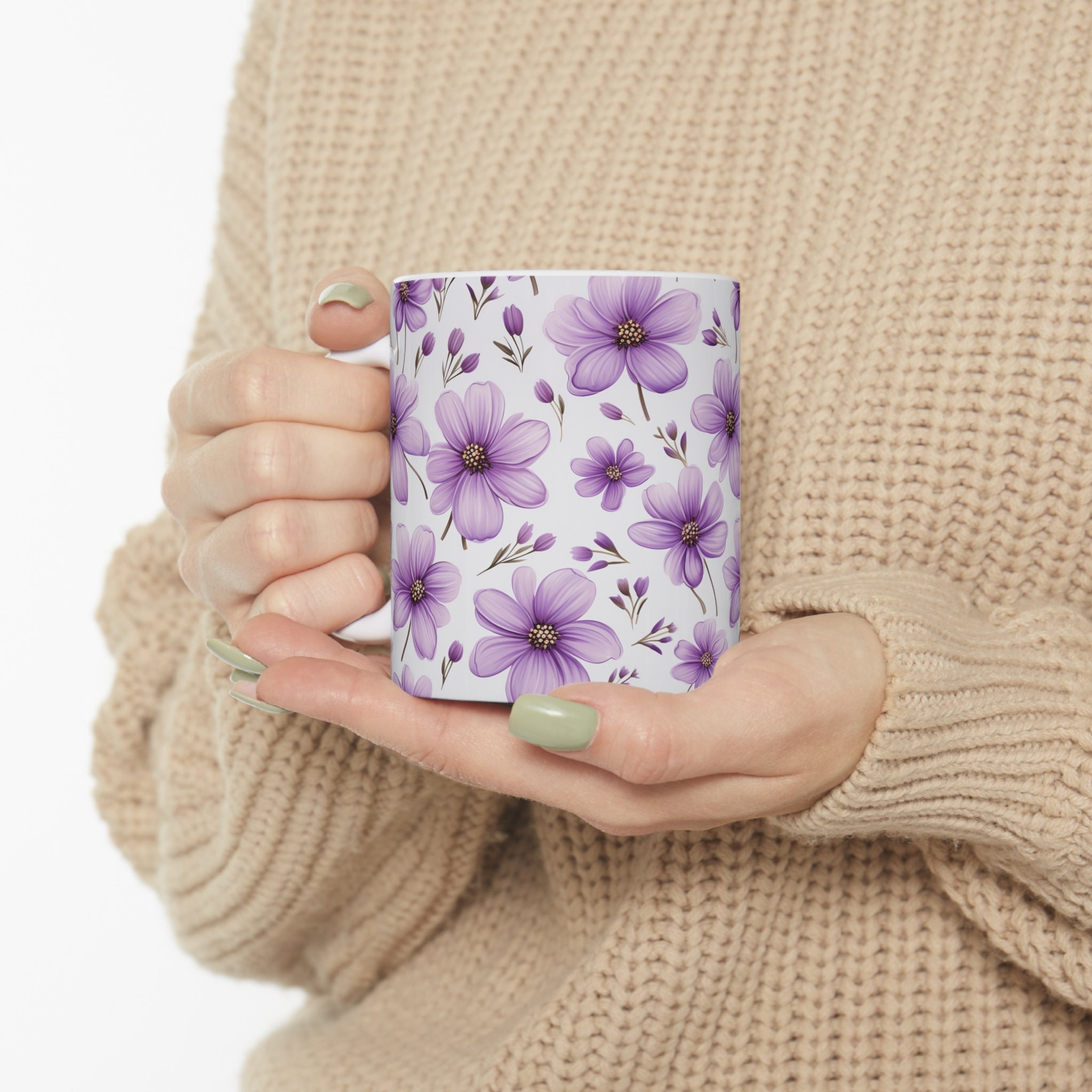 Boho Purple Floral Coffee Mug, Vintage Lavender Flowers Tea Cup, Cute ...