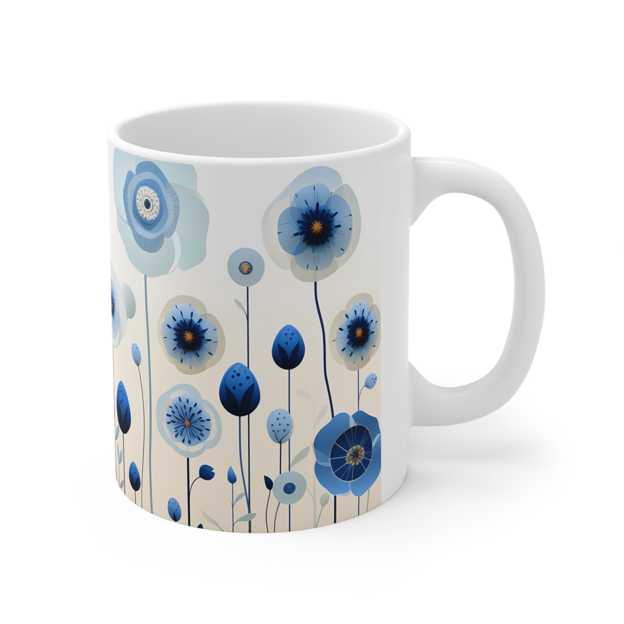 Boho Blue Floral Coffee Mug, Vintage Flowers Tea Cup, Cute Flowers ...