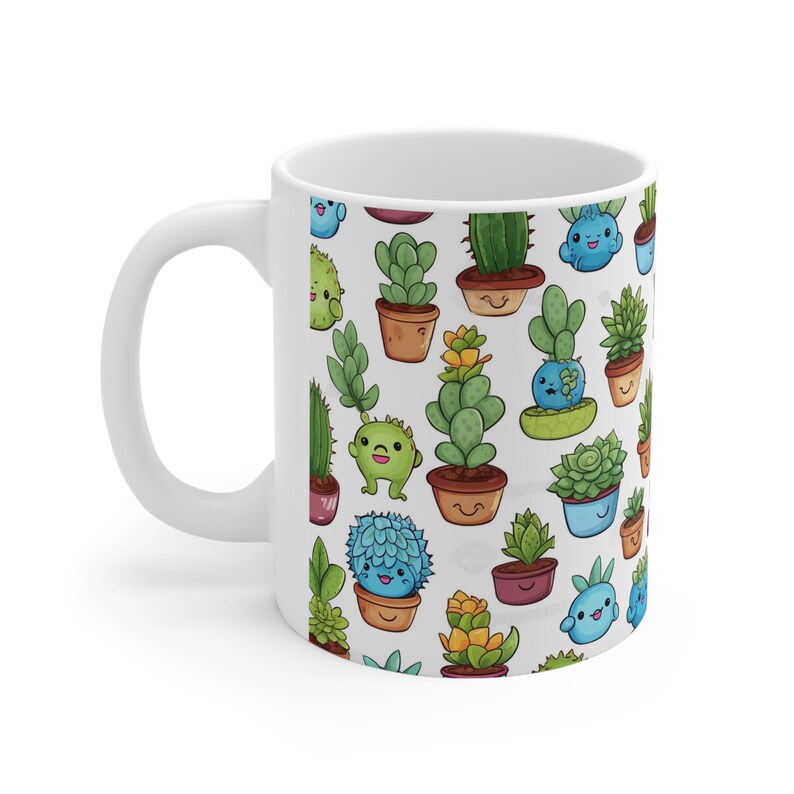 Cute Succulent Coffee Mug Blue and Green Cactus Mug Smiling Succulents Tea Cup Gift for Her Gift ...