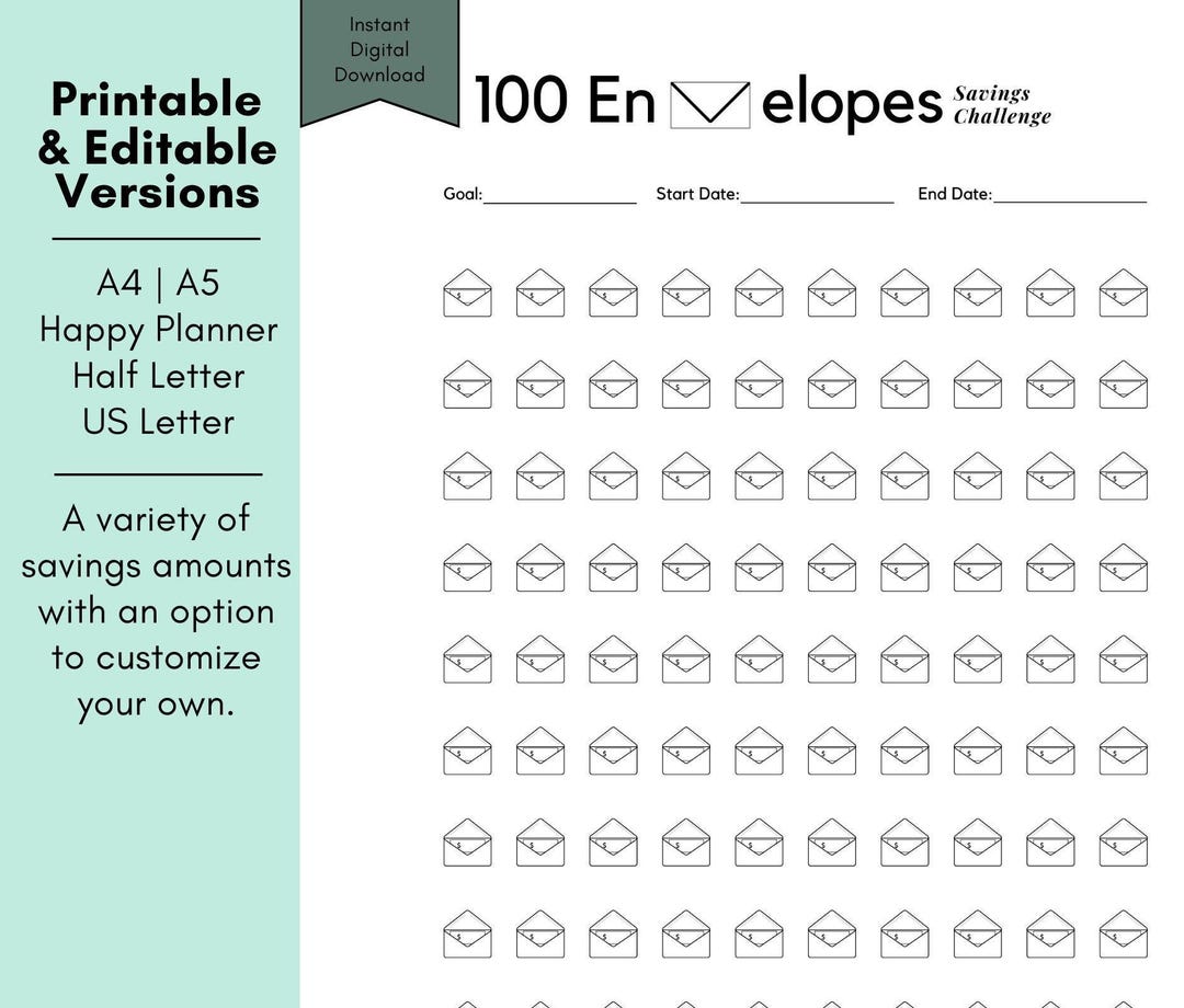 100 Envelope Challenge Printable, Money Savings Tracker, Digital ...