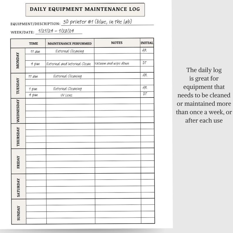 Daily, Weekly, Monthly Equipment Maintenance Logs | Dental & Medical ...