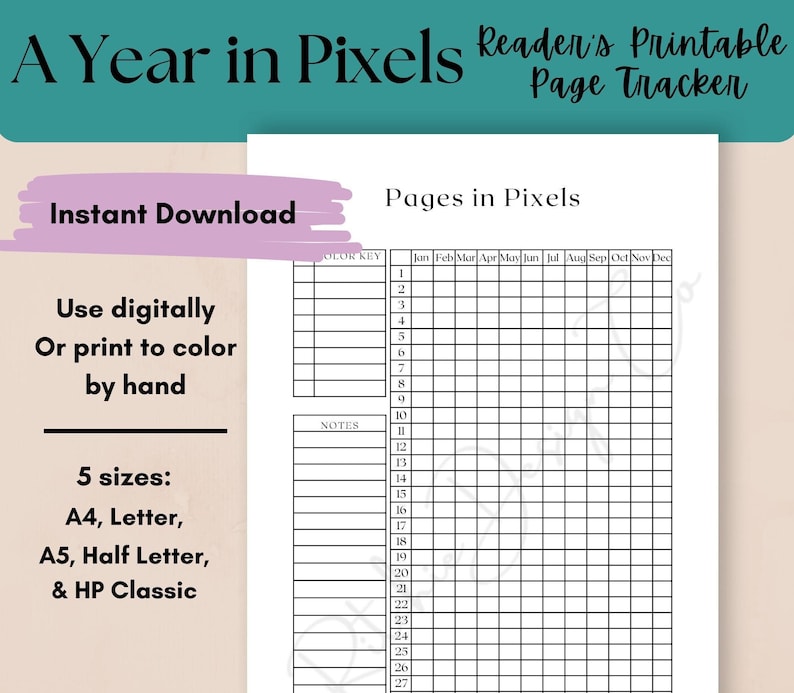 Year in Pixels Reading Tracker | Daily & Monthly | Printable A4, Letter ...