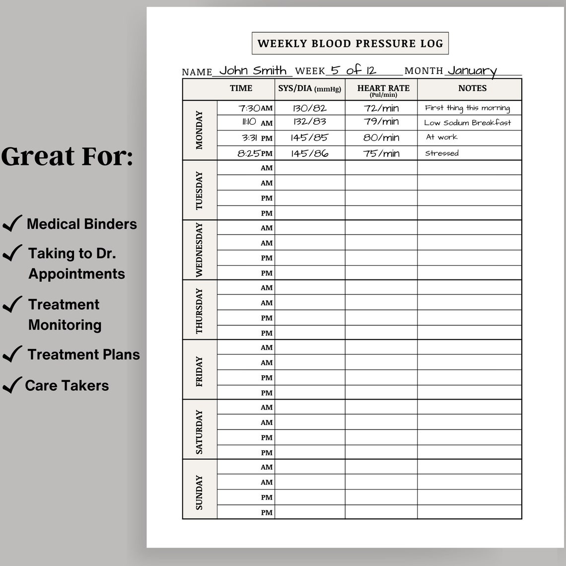 Blood Pressure Log Printable Editable | High Blood Pressure Tracker ...