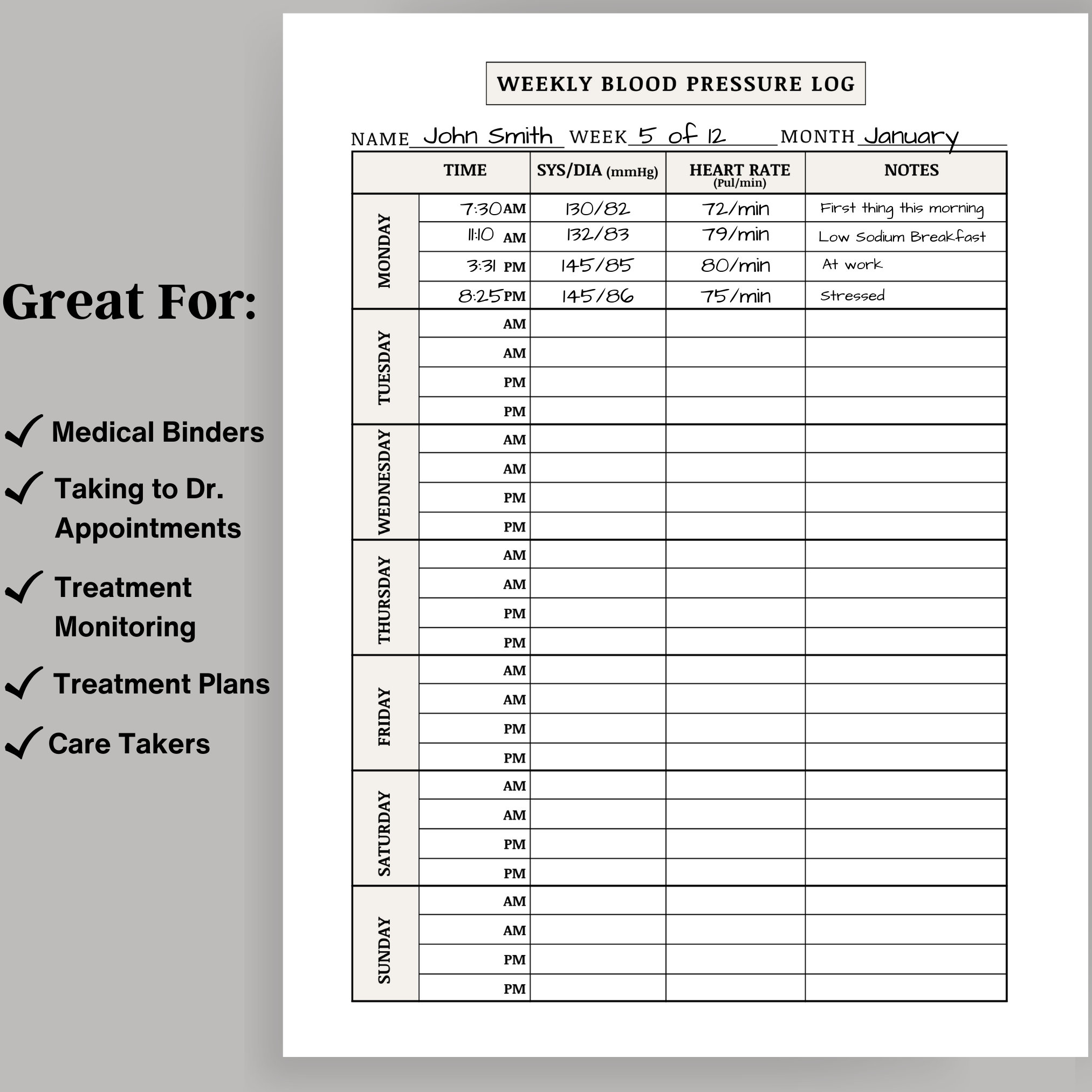 Blood Pressure Log Printable Editable | High Blood Pressure Tracker ...