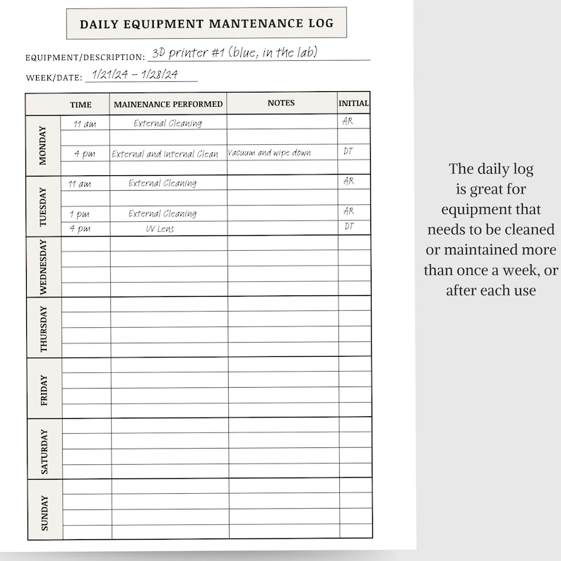 Daily, Weekly, Monthly Equipment Maintenance Logs Dental & Medical ...