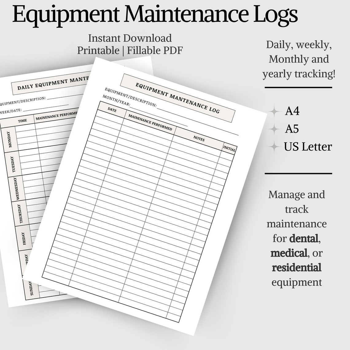 Daily, Weekly, Monthly Equipment Maintenance Logs Dental & Medical ...