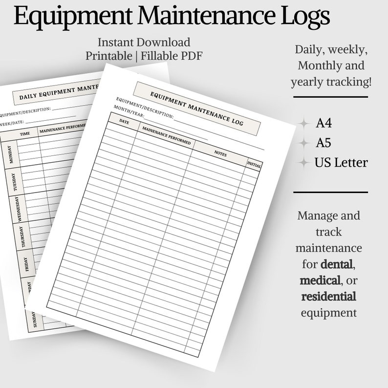 Daily, Weekly, Monthly Equipment Maintenance Logs Dental & Medical ...