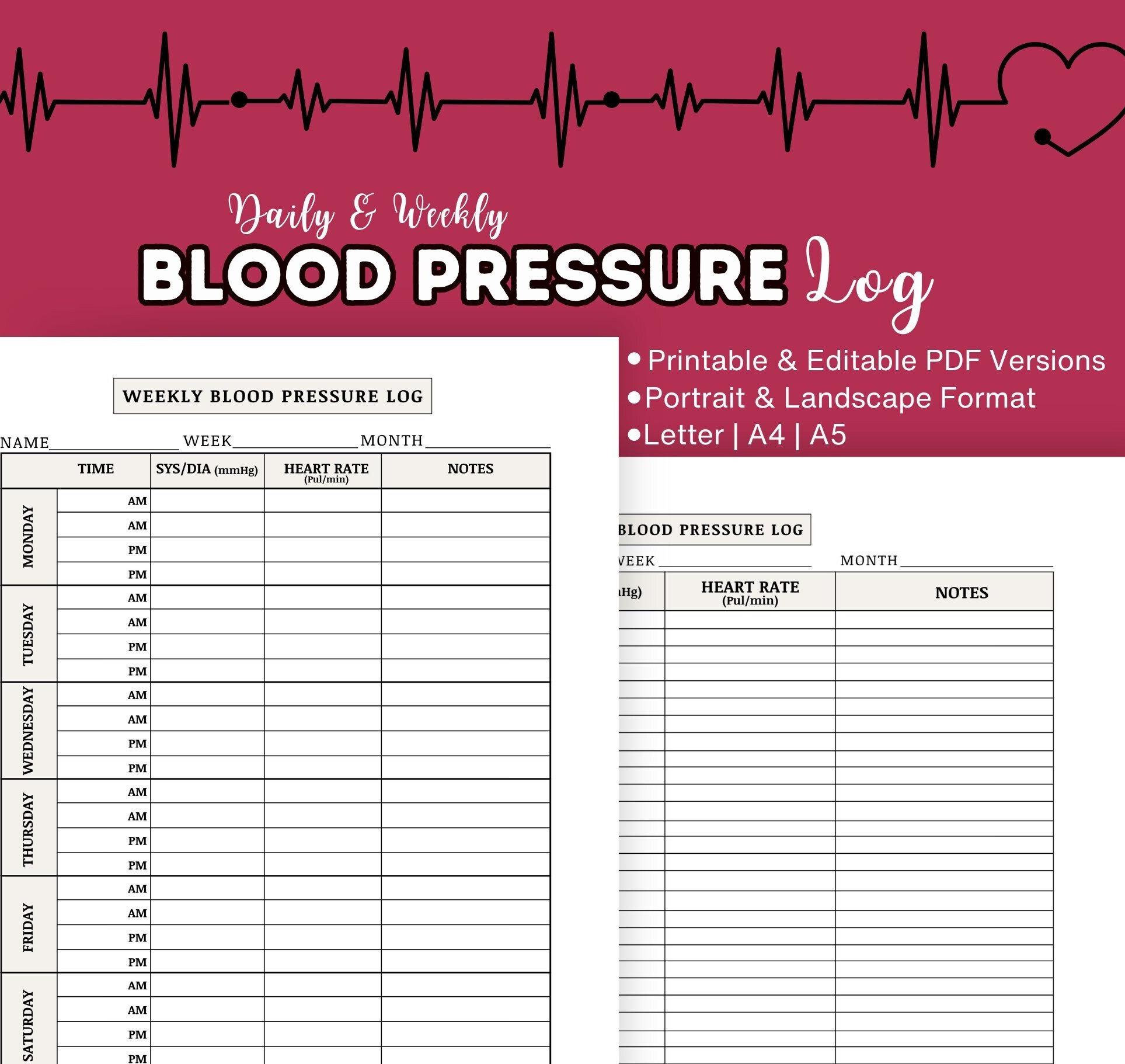 Blood Pressure Log Printable Editable | High Blood Pressure Tracker ...
