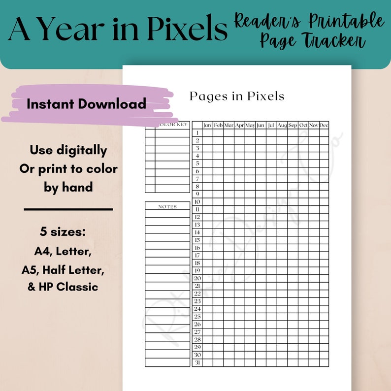 Year in Pixels Reading Tracker Daily & Monthly Printable A4, Letter, A5, Half Letter, Classic ...