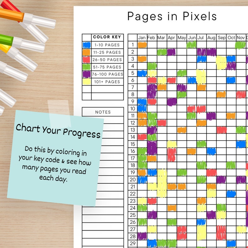 Year in Pixels Reading Tracker | Daily & Monthly | Printable A4, Letter ...