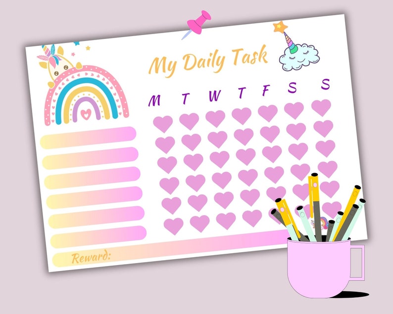 Unicorn Daily Chore Chart,rainbow Daily Chore Chart, Kids Daily ...
