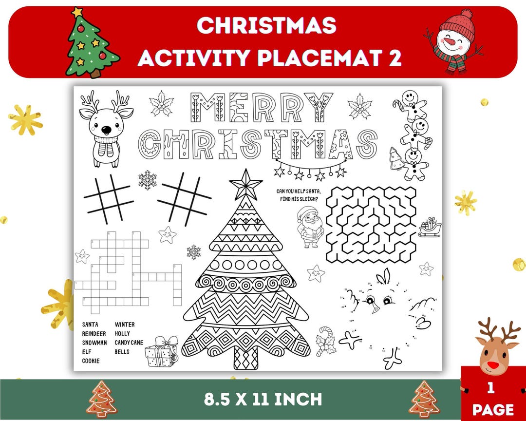 Christmas Activity Placemat for Kids | Holiday Coloring Page (digital ...