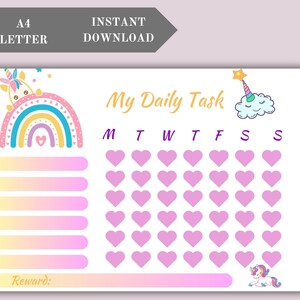 Unicorn Daily Chore Chart,rainbow Daily Chore Chart, Kids Daily ...