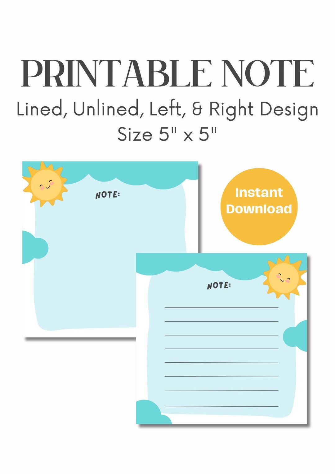 Sun and Clouds Digital Printable 5x5 Stationary Sticky Note Sheet ...