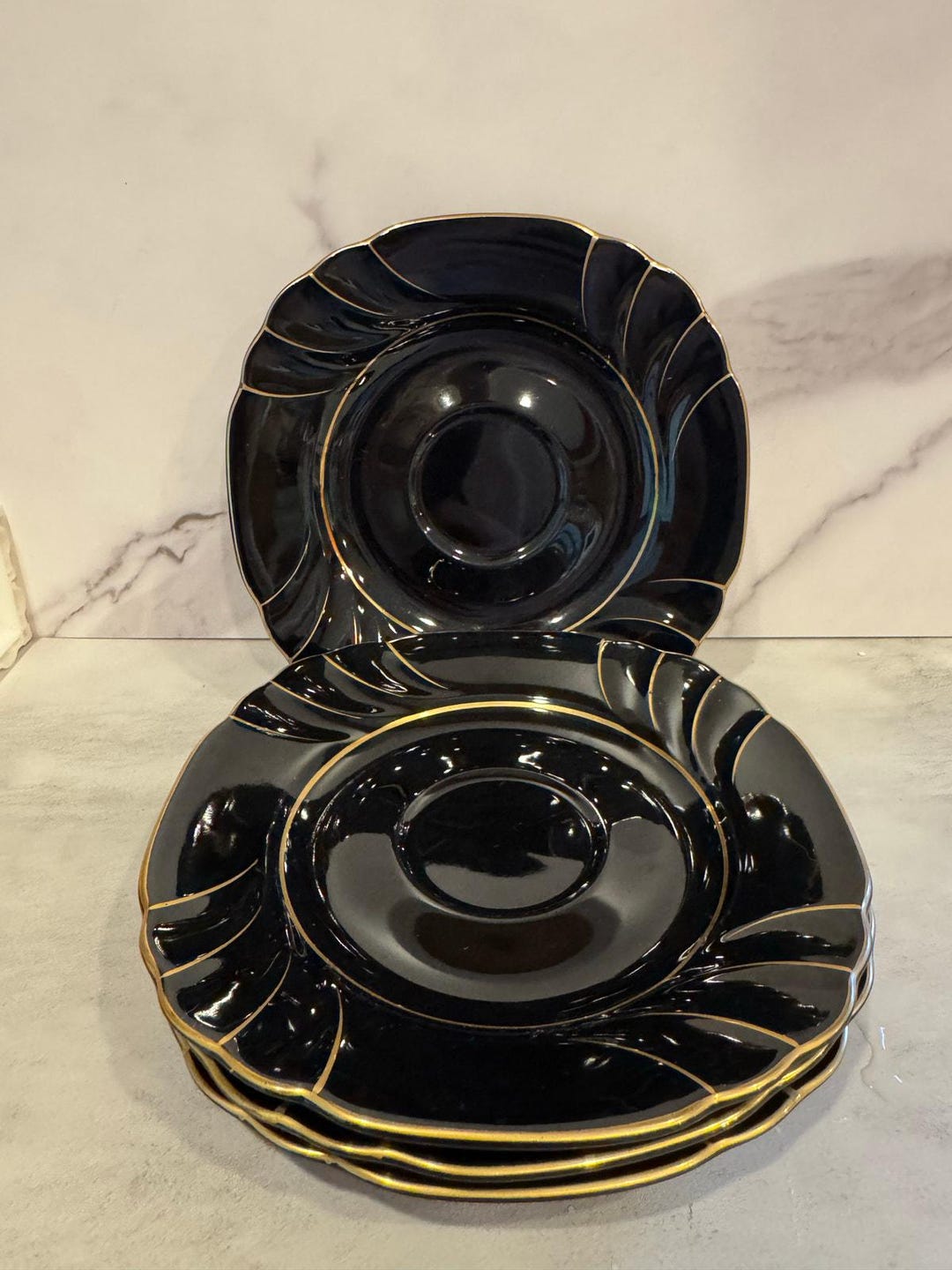 Gallery Collection Ranmaru Wave Golden Black Salad Dessert Plates (4) 7 ...