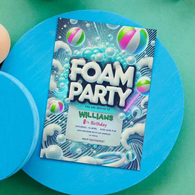 Foam Party Invitation, Bubble Birthday Card, Editable Canva Template ...