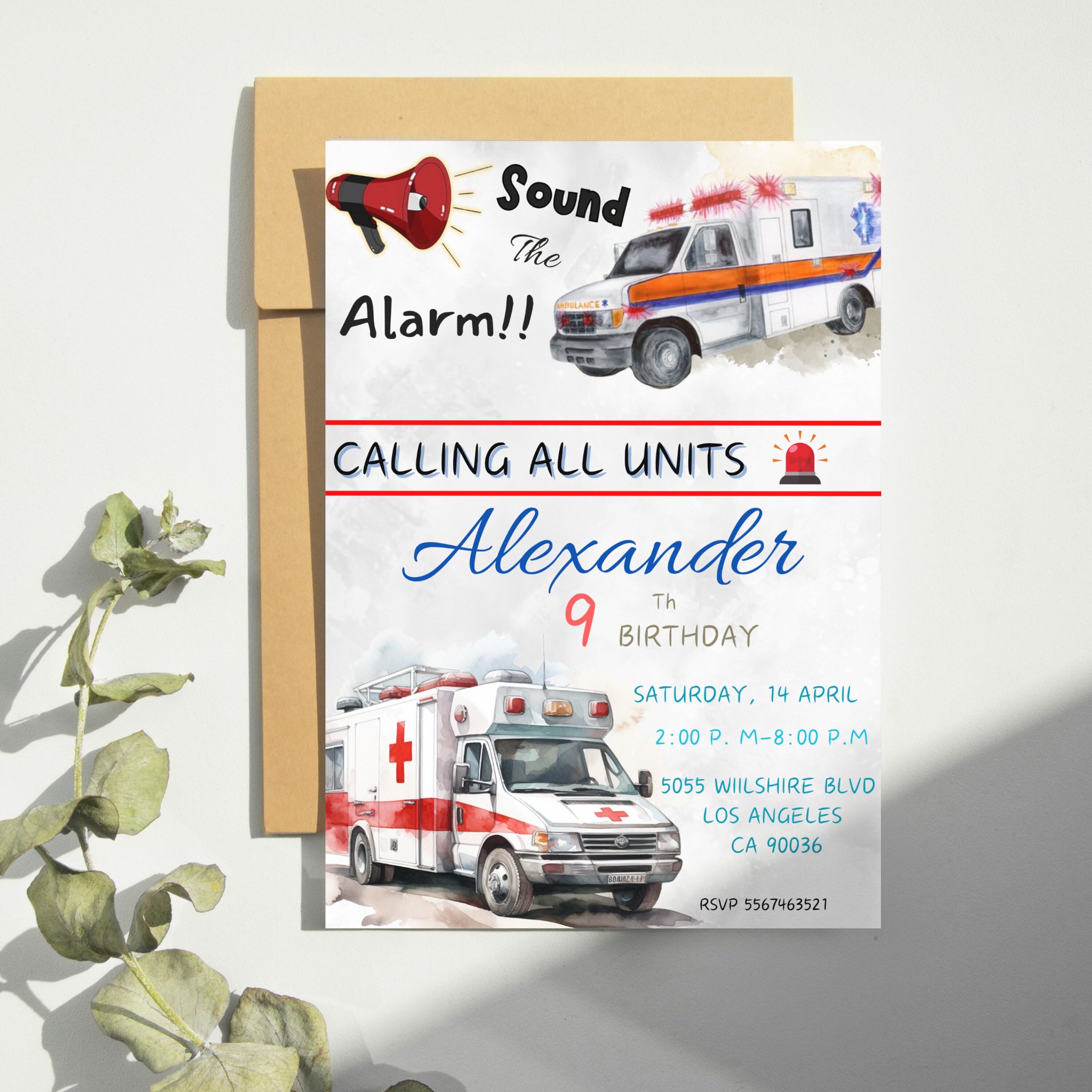 Ambulance Birthday Party Emergency Vehicle Invite Ambulance Birthday ...