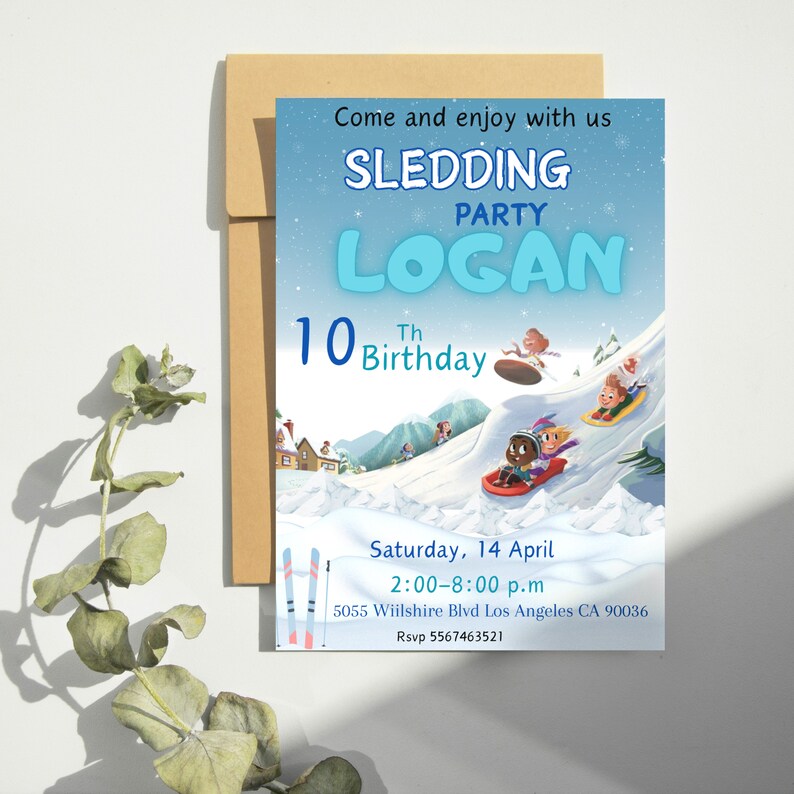 Sledding Party Invitation: Customizable Winter Birthday Card (digital ...