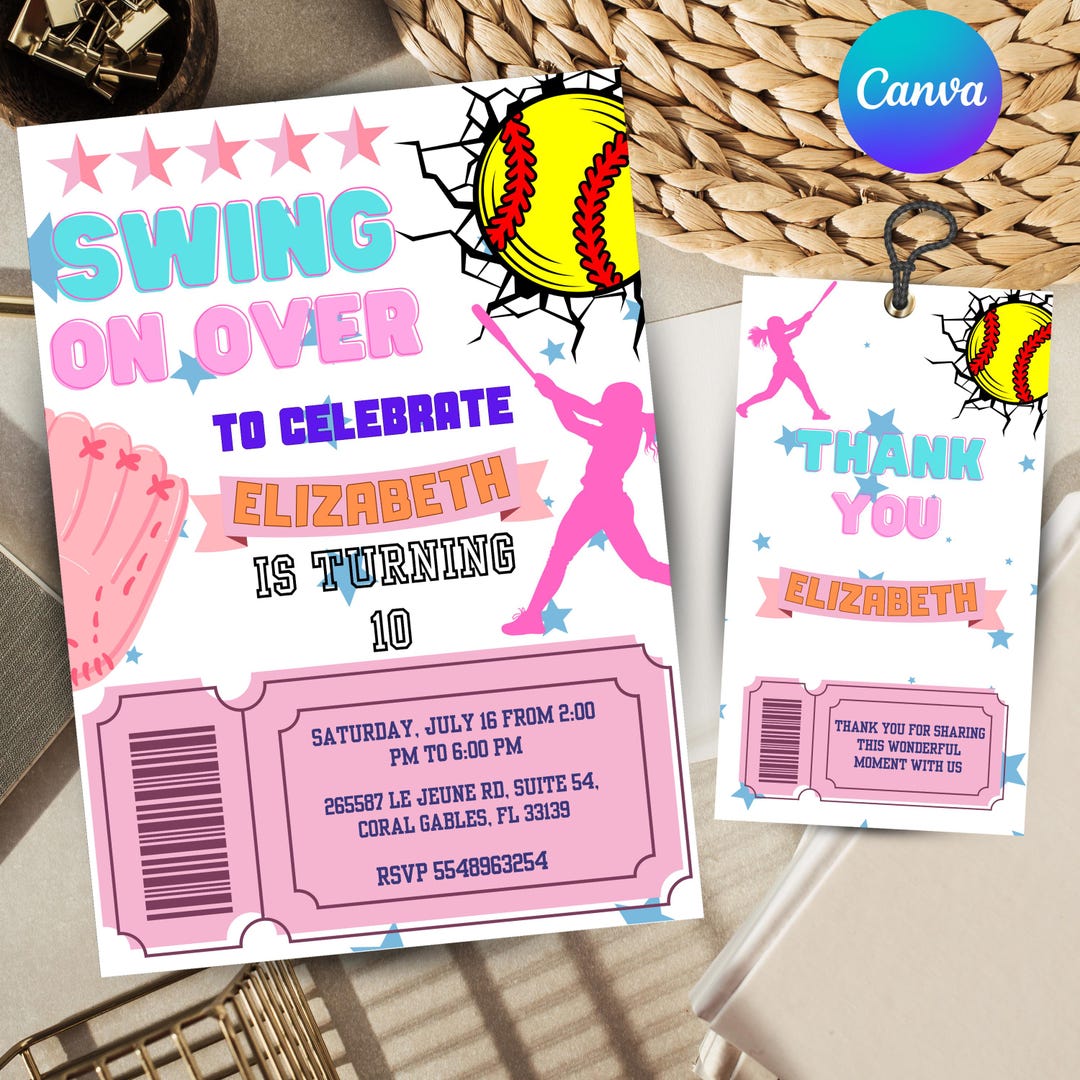 Softball Party Invitation, Softball Invitation, Softball Birthday ...