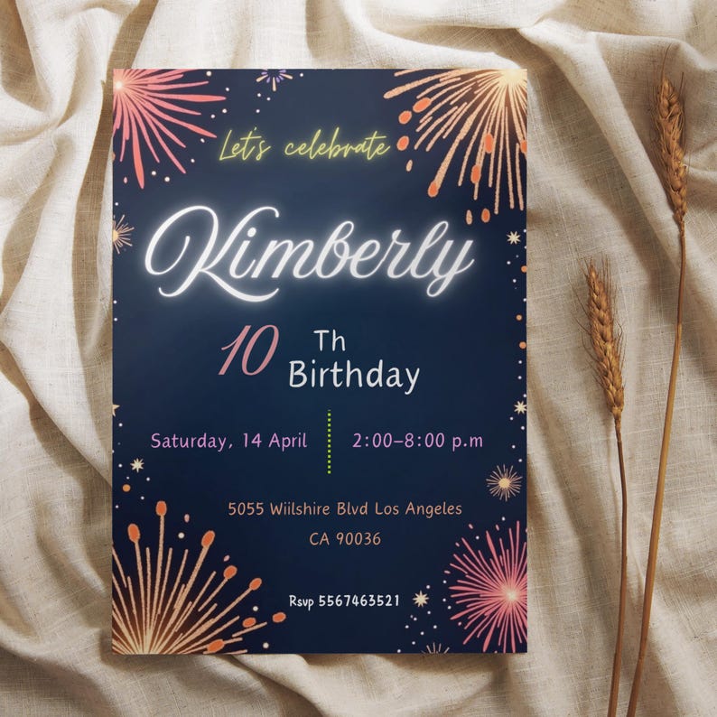 Fireworks Birthday Invitation, Customizable Party Card (digital ...