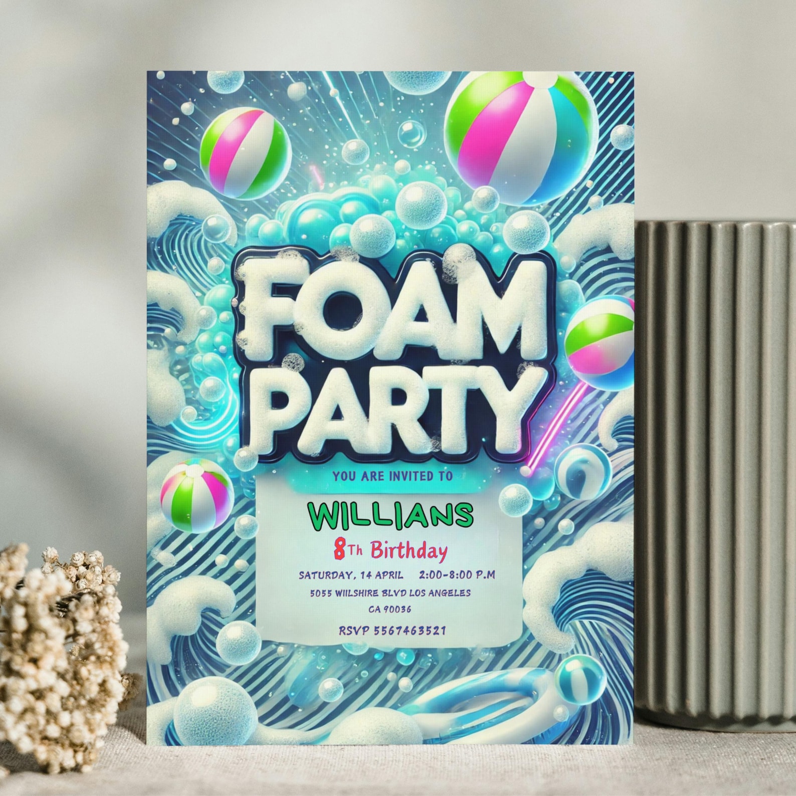 Foam Party Invitation, Bubble Birthday Card, Editable Canva Template ...