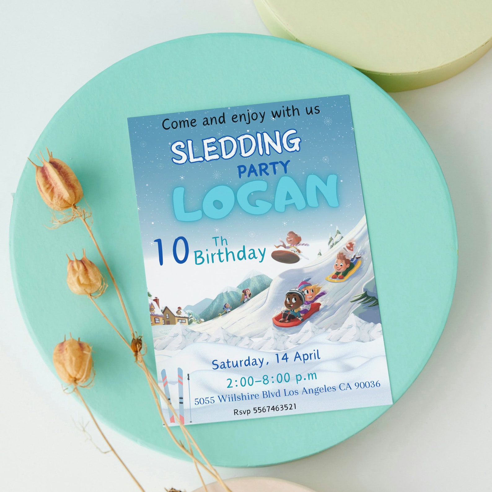 Sledding Party Invitation: Customizable Winter Birthday Card (digital ...