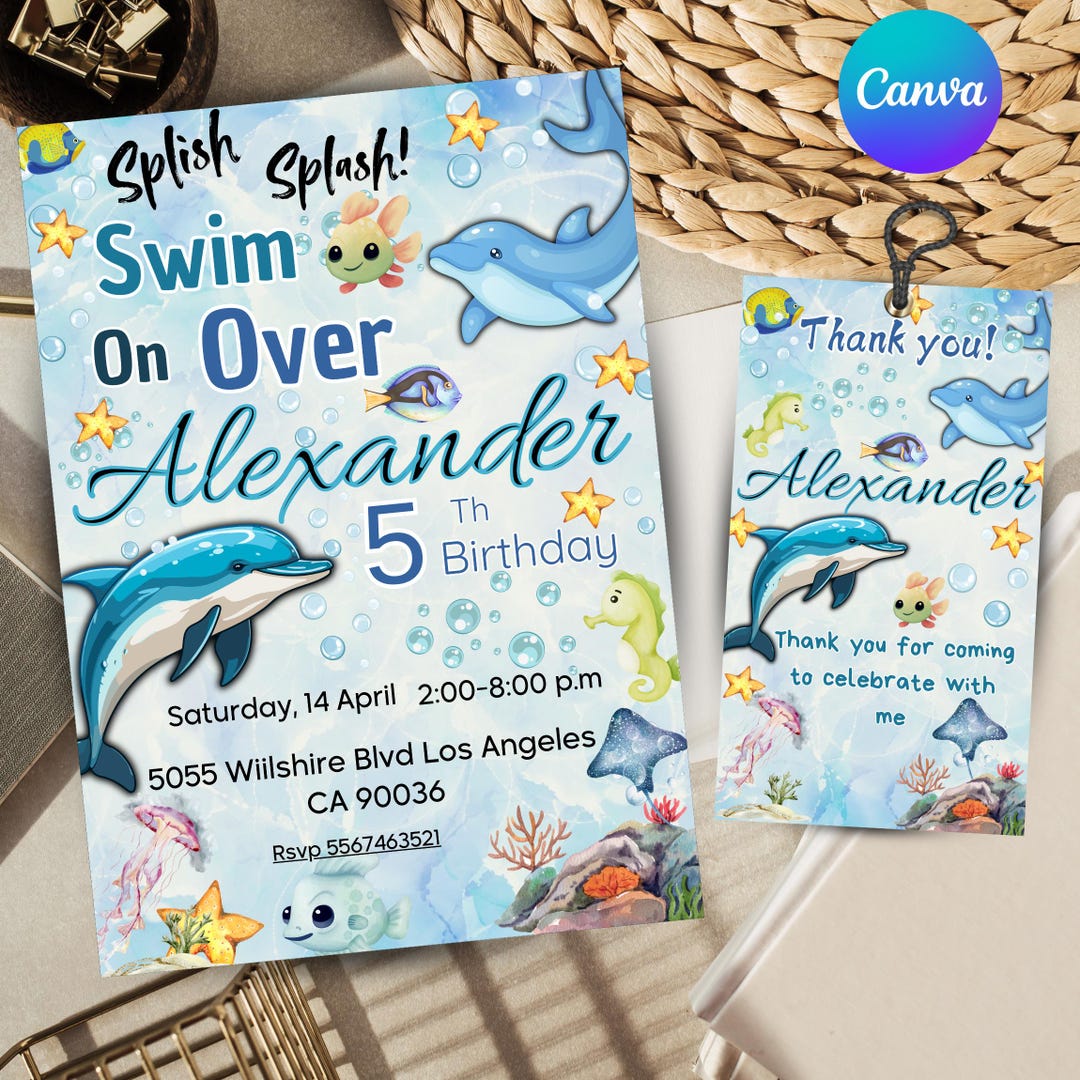 Dolphins Birthday Invitation: Editable Birthday Card, Customizable ...