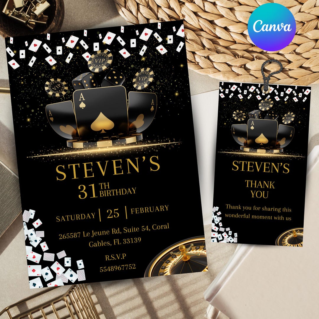 Poker Birthday Invite Customizable Casino Birthday Card Editable Poker ...