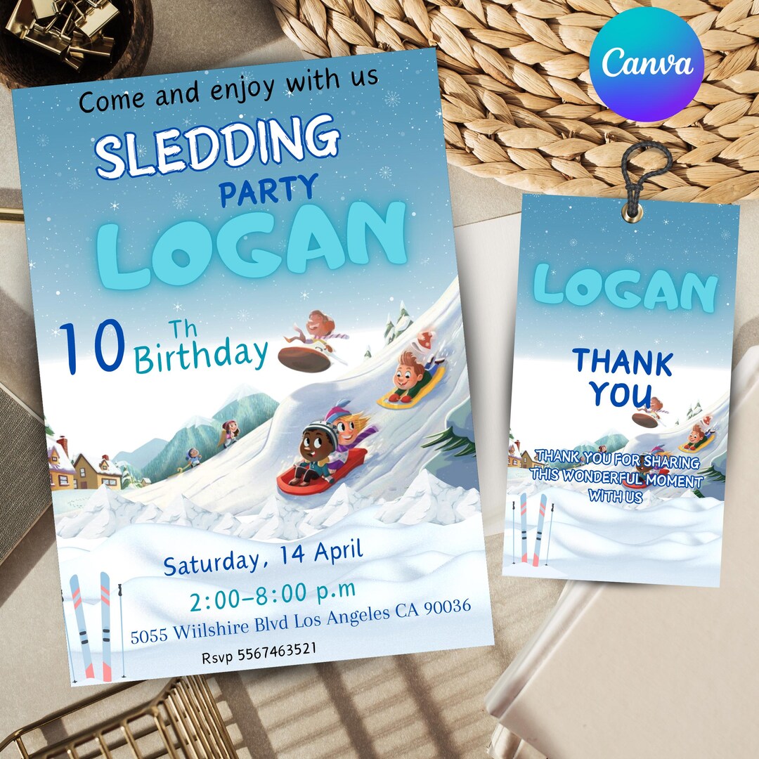 Sledding Party Invitation: Customizable Winter Birthday Card (digital ...